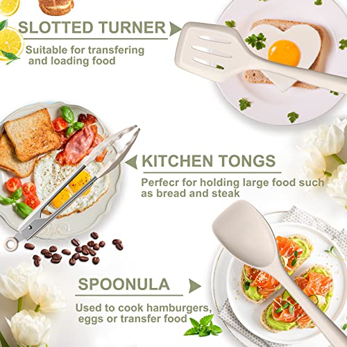 Silicone Kitchen Cooking Utensil Set, Fungun 25 Pcs Kitchen Utensils with Spatula, Spoon, Turner Tongs, Khaki Heat Resistant Kitchen Gadgets Tools Set for Nonstick Cookware (Dishwasher, BPA Free)