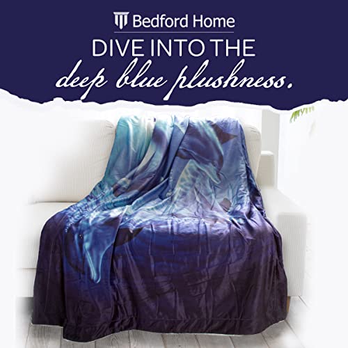 Bedford Home Sherpa Fleece Throw Blanket, Machine Washable, Warm, Soft, Hypoallergenic, Breathable, Lightweight Multipurpose Plush Warmer for Adults and Kids - Ocean Dolphin Pattern 60β (L) x 50β (W)