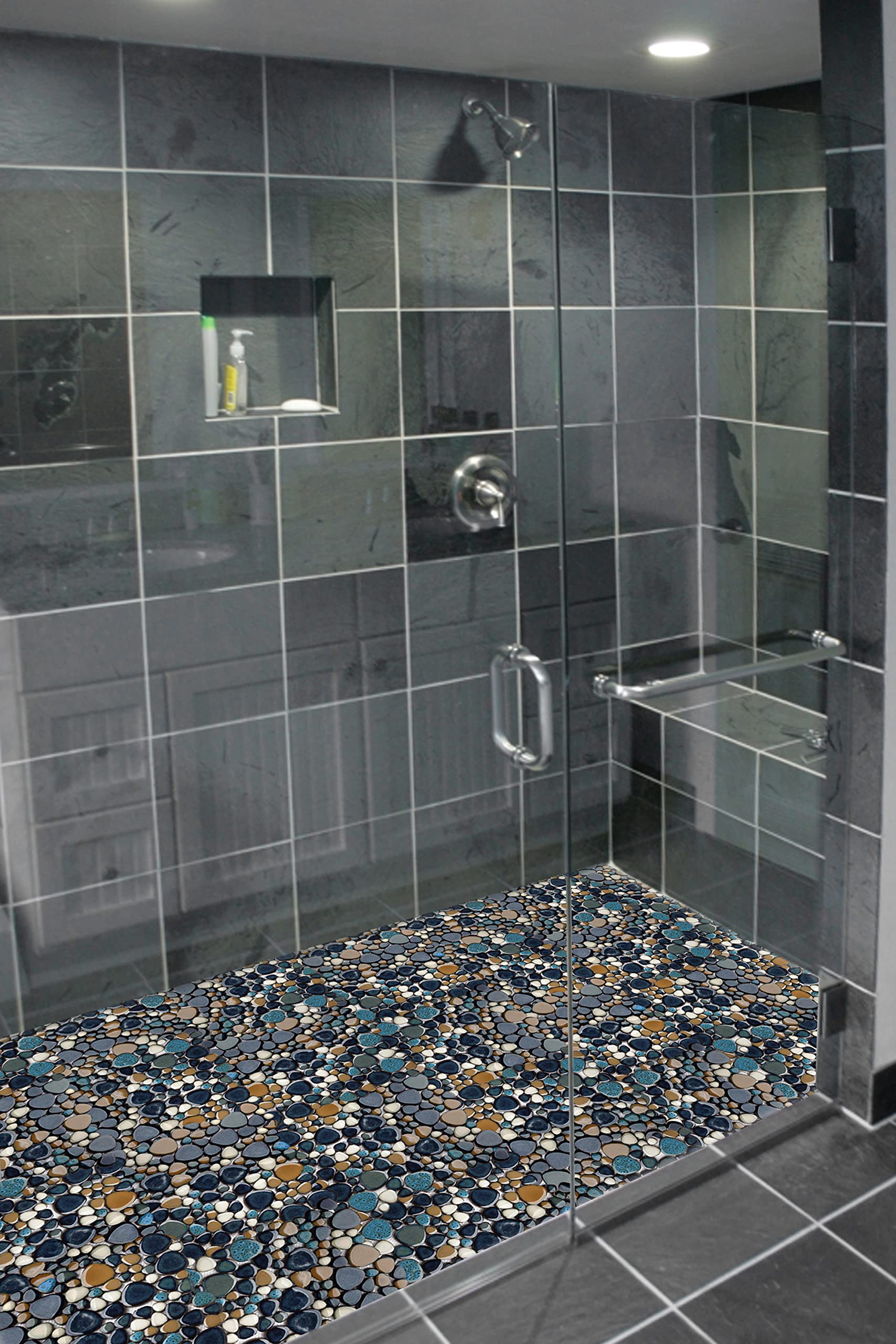 Parrotile Pebble Tile for Shower Floor Aqua Cobalt Blue Mosaic Backsplash Tiles (5 Sheets)