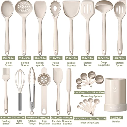 Silicone Kitchen Cooking Utensil Set, Fungun 25 Pcs Kitchen Utensils with Spatula, Spoon, Turner Tongs, Khaki Heat Resistant Kitchen Gadgets Tools Set for Nonstick Cookware (Dishwasher, BPA Free)