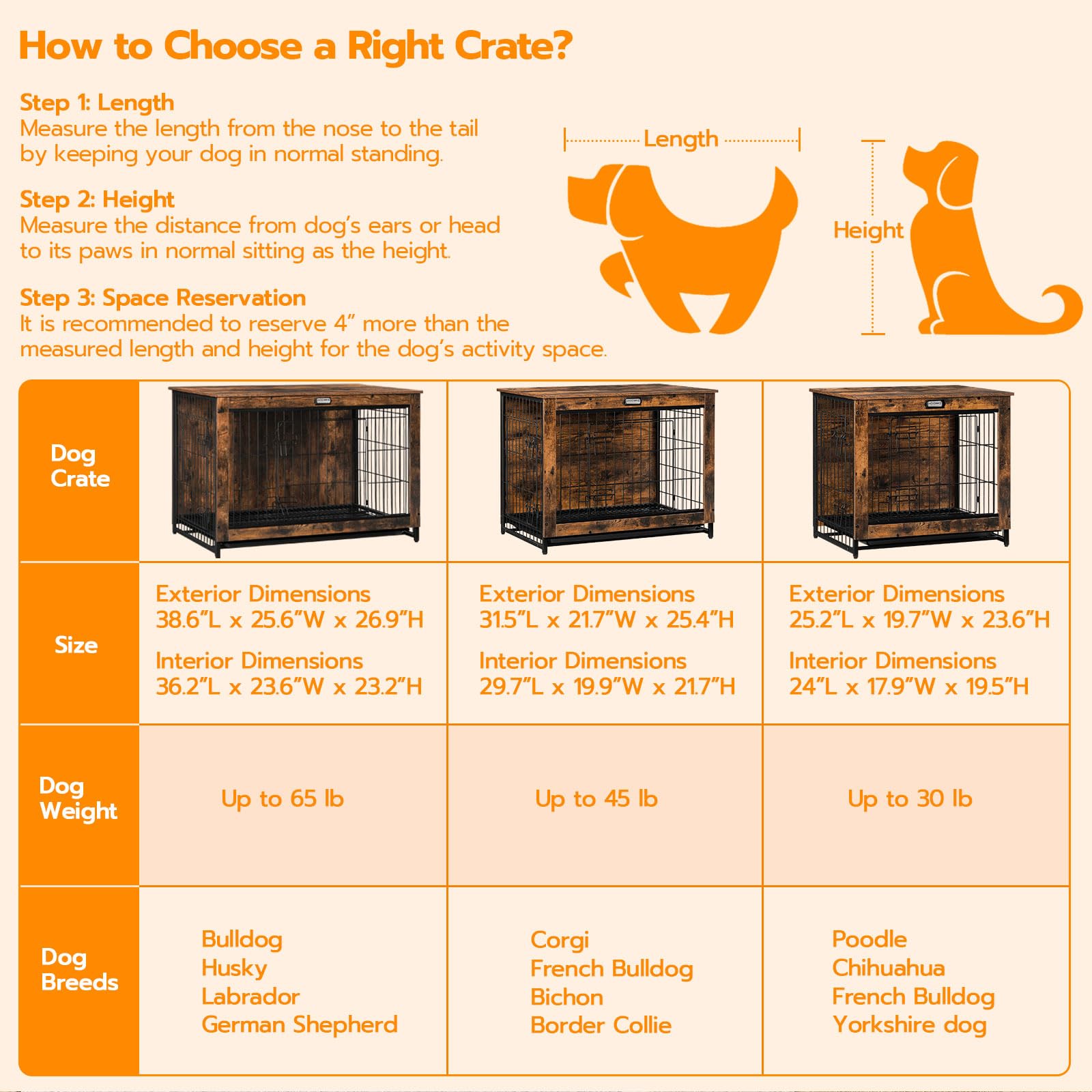 Dog Crate Furniture, 38.6" Large Dog Kennel Indoor, Wooden Dog Crate with Pull-Out Tray, Double Doors Dog House, Modern Side End Table for Small/Medium/Large Dog, Rustic Brown BF982GW03G1