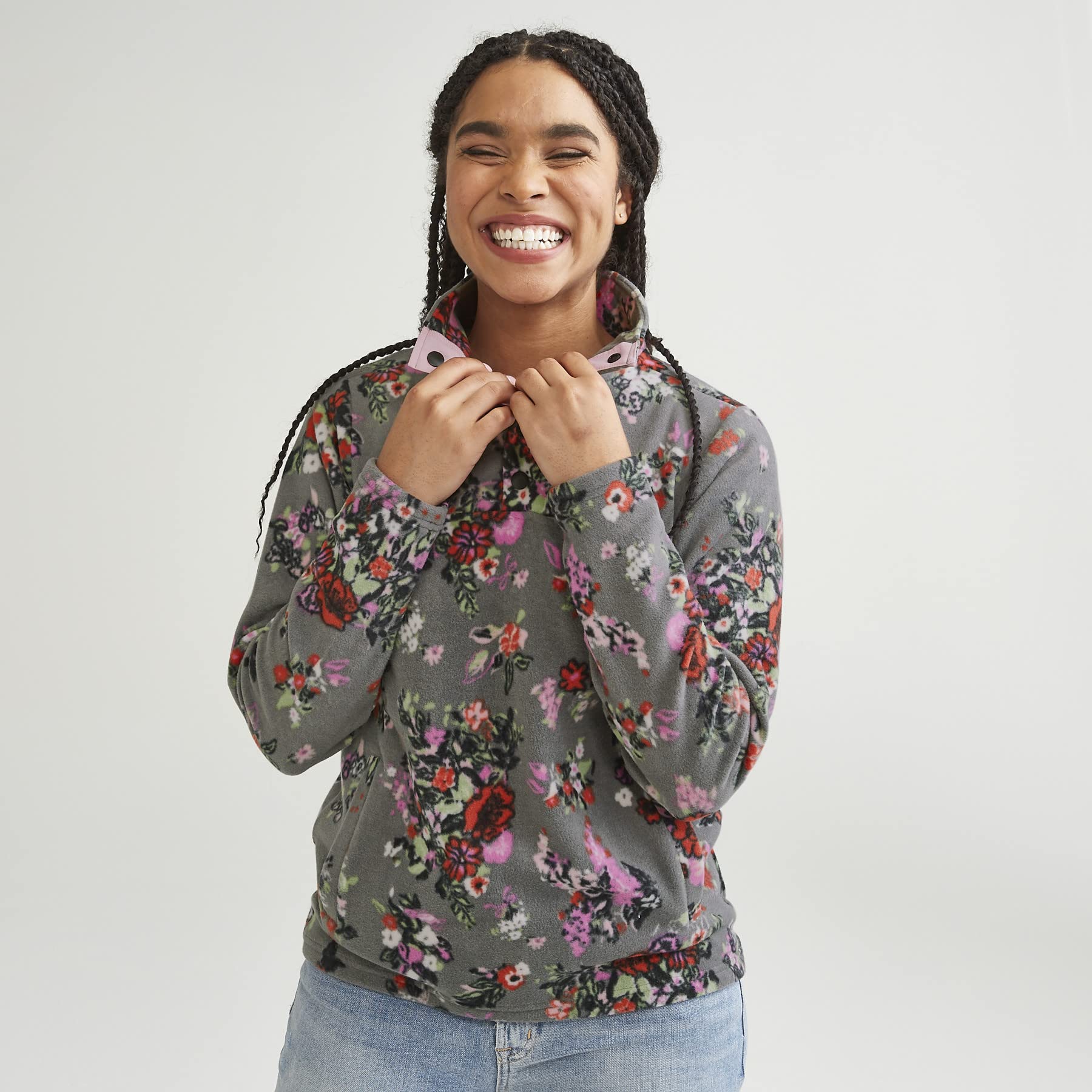 Vera Bradley Women's Snap Collar Fleece Pullover Sweatshirt With Pockets, Hope Blooms, Extra Large