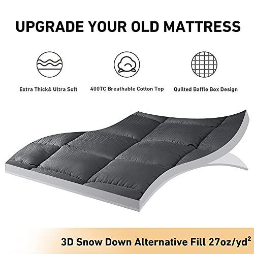 Atarashi 3 Inch Thick Mattress Topper King,400TC Pillow Top Mattress Topper,Soft Cotton Mattress Pad Cover,Breathable & Plush Down Alternative Fill,Fit to 8”-21” Mattress,Gray