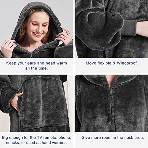 BOBOR Sweatshirt Blanket, Oversized Wearable Hoodie Fleece Blanket with Large Front Pocket for Adults, Men, Women, and Kids, Super Soft Fuzzy Warm Comfortable Flannel Blanket(Dark Gray)