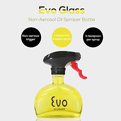 Evo Oil Sprayer Evo Glass Trigger Sprayer Bottle, Non-Aerosol for Olive Cooking Oils, 6-Ounce Capacity, 6 oz, Yellow/Black/Red