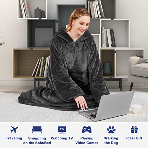 BOBOR Sweatshirt Blanket, Oversized Wearable Hoodie Fleece Blanket with Large Front Pocket for Adults, Men, Women, and Kids, Super Soft Fuzzy Warm Comfortable Flannel Blanket(Dark Gray)