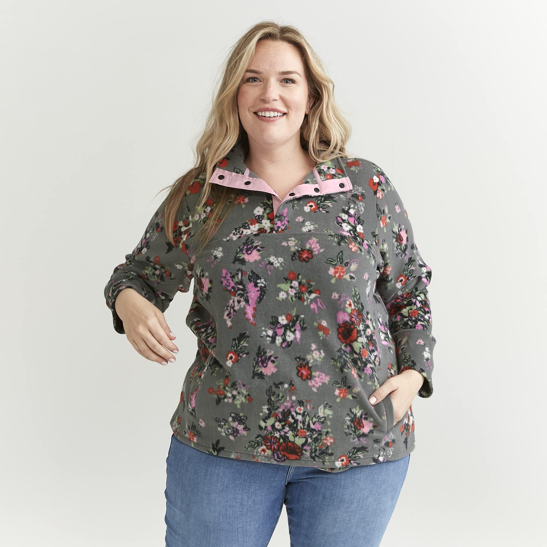 Vera Bradley Women's Snap Collar Fleece Pullover Sweatshirt With Pockets, Hope Blooms, Extra Large