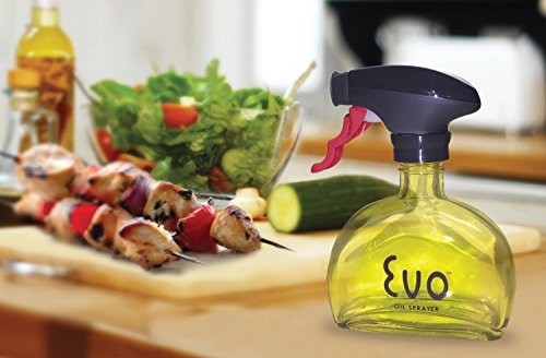 Evo Oil Sprayer Evo Glass Trigger Sprayer Bottle, Non-Aerosol for Olive Cooking Oils, 6-Ounce Capacity, 6 oz, Yellow/Black/Red