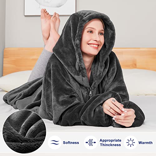 BOBOR Sweatshirt Blanket, Oversized Wearable Hoodie Fleece Blanket with Large Front Pocket for Adults, Men, Women, and Kids, Super Soft Fuzzy Warm Comfortable Flannel Blanket(Dark Gray)