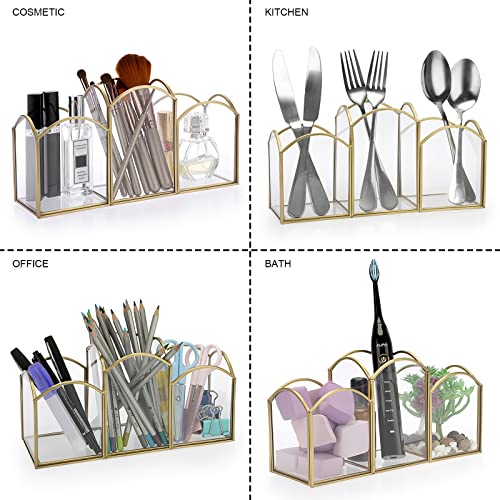ELLDOO 3 Slots Glass Makeup Brush Holder Organizer for Vanity Dresser, Semicircle Rim Design, Pen Cup Holder Pencil Holder for Office Desk
