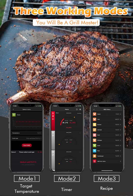 Wireless Meat Thermometer Wireless with Bluetooth, 165ft Long Range Meat&Food Thermometer, Meat Thermometers for Oven, Grilling, Cooking, Smokers, BBQ