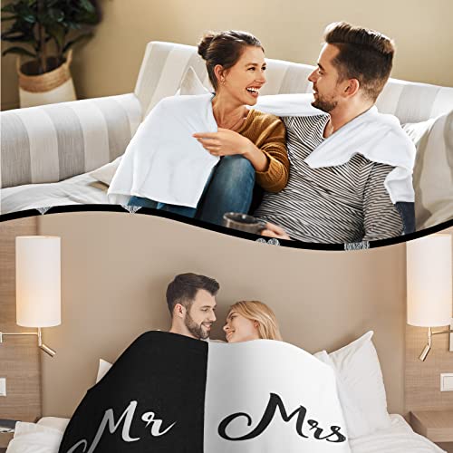 Redbaker Mr and Mrs Black and White Stitching Blanket Honeymoon Just Married Blanket Bride and Groom Gift Wedding Blanket for Couples Summer Air Conditioning Room Christmas Valentine's Day Gift