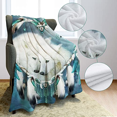 YISUMEI Wolf Dream Catcher Throw Blanket Blue Nebula White Wolf Fleece Blanket Soft Warm Cozy for Sofa Couch Bed 50"x60"