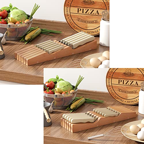 In-Drawer Knife Block Organizer - Bamboo Wood Drawer Knife Organizer-Protecting Knife Organizer Block Holds Up To 11 Knives(Not Included)