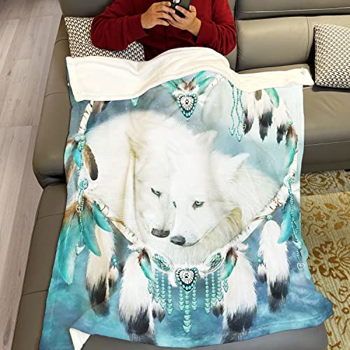 YISUMEI Wolf Dream Catcher Throw Blanket Blue Nebula White Wolf Fleece Blanket Soft Warm Cozy for Sofa Couch Bed 50"x60"