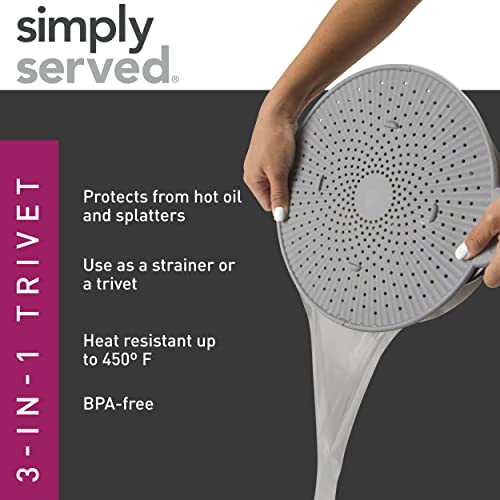 Simply Served Silicone Splatter Screen, Multi-Use Kitchen Tool, Protect Stovetop and Counters, 3-in-1 Silicone Kitchen Trivet, Splatter Screen, and Colander Lid, Gray