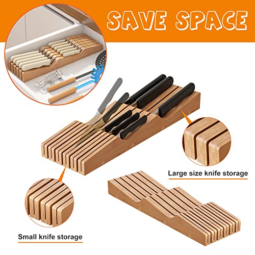 In-Drawer Knife Block Organizer - Bamboo Wood Drawer Knife Organizer-Protecting Knife Organizer Block Holds Up To 11 Knives(Not Included)