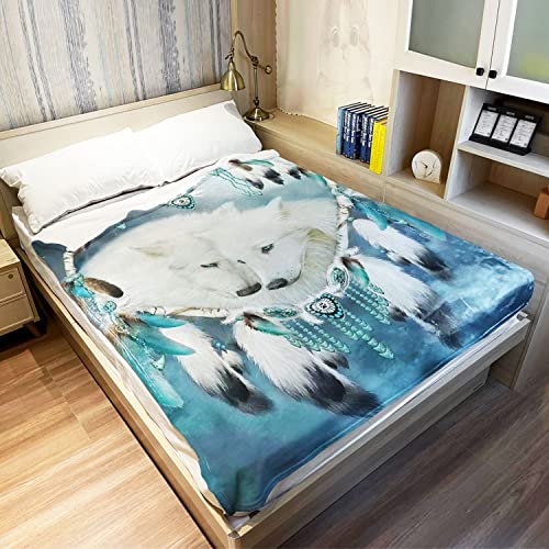 YISUMEI Wolf Dream Catcher Throw Blanket Blue Nebula White Wolf Fleece Blanket Soft Warm Cozy for Sofa Couch Bed 50"x60"