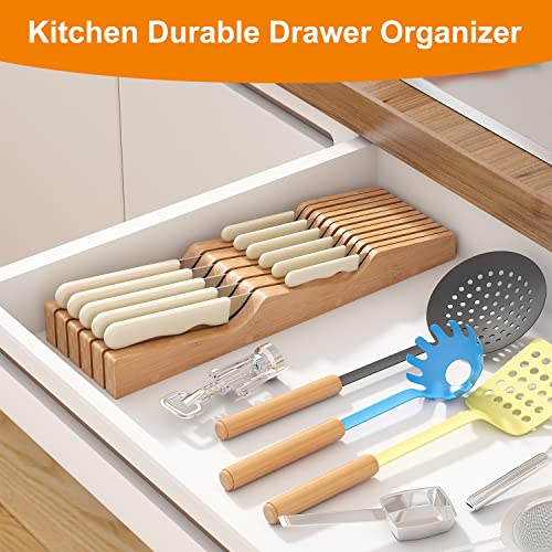 In-Drawer Knife Block Organizer - Bamboo Wood Drawer Knife Organizer-Protecting Knife Organizer Block Holds Up To 11 Knives(Not Included)