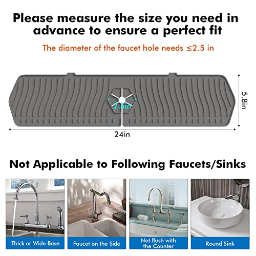 Big Size Kitchen Sink Splash Guard, 24in Faucet Mat Splash Catcher, Handle Drip Catcher Tray, Multipurpose for Kitchen Dish Drying Mats Sponge Holder and Bathroom Countertop Protect(Gray)