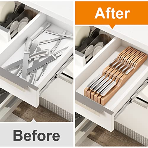 In-Drawer Knife Block Organizer - Bamboo Wood Drawer Knife Organizer-Protecting Knife Organizer Block Holds Up To 11 Knives(Not Included)