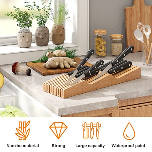 In-Drawer Knife Block Organizer - Bamboo Wood Drawer Knife Organizer-Protecting Knife Organizer Block Holds Up To 11 Knives(Not Included)