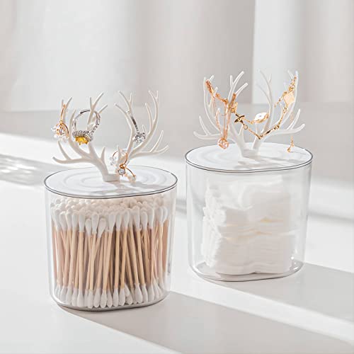 1 piece cotton round 20,Qtip Holder Dispenser for Cotton Ball, Cotton Swab, Cotton Round Pads, Clear Plastic Apothecary Jar Set for Bathroom Canister Storage Organization, Makeup Organizer(White)