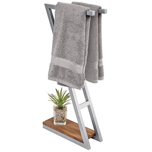 MyGift 2-Feet Tall Modern Z-Shaped Silver Tone Metal Dual Bar Towel Rack with Rustic Burnt Solid Wood Base, Free Standing Bathroom Laundry Room Holder Stand