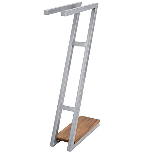MyGift 2-Feet Tall Modern Z-Shaped Silver Tone Metal Dual Bar Towel Rack with Rustic Burnt Solid Wood Base, Free Standing Bathroom Laundry Room Holder Stand