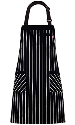 ALIPOBO Aprons for Women and Men, Kitchen Chef Apron with 3 Pockets and 40" Long Ties, Adjustable Bib Apron for Cooking, Serving - 32" x 28" - Black/White Pinstripe - 1 Pcs