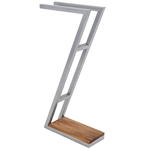 MyGift 2-Feet Tall Modern Z-Shaped Silver Tone Metal Dual Bar Towel Rack with Rustic Burnt Solid Wood Base, Free Standing Bathroom Laundry Room Holder Stand