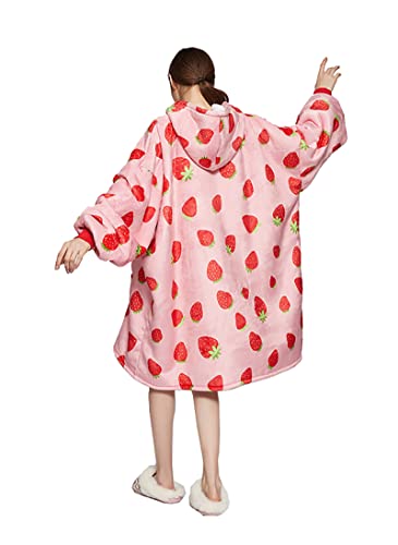 Hysunland Strawberry Wearable Blankets for Women Oversized Hoodie Sweatshirt with Kangaroo Pocket