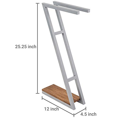 MyGift 2-Feet Tall Modern Z-Shaped Silver Tone Metal Dual Bar Towel Rack with Rustic Burnt Solid Wood Base, Free Standing Bathroom Laundry Room Holder Stand