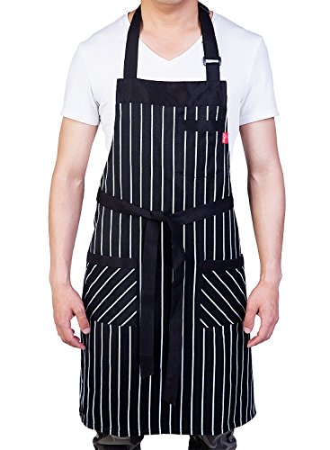 ALIPOBO Aprons for Women and Men, Kitchen Chef Apron with 3 Pockets and 40" Long Ties, Adjustable Bib Apron for Cooking, Serving - 32" x 28" - Black/White Pinstripe - 1 Pcs