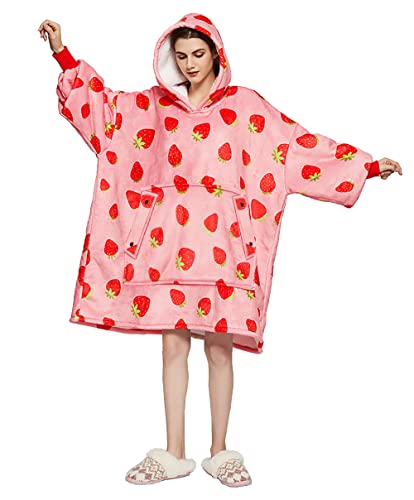 Hysunland Strawberry Wearable Blankets for Women Oversized Hoodie Sweatshirt with Kangaroo Pocket