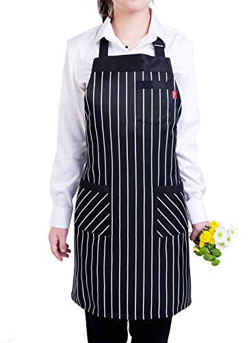 ALIPOBO Aprons for Women and Men, Kitchen Chef Apron with 3 Pockets and 40" Long Ties, Adjustable Bib Apron for Cooking, Serving - 32" x 28" - Black/White Pinstripe - 1 Pcs