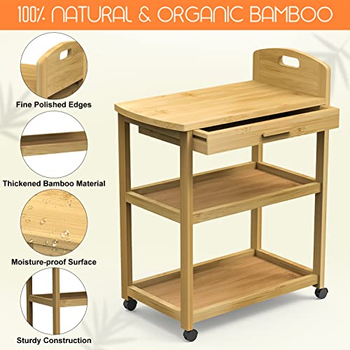 Purbambo Bamboo Kitchen Storage Cart, 3 Tier Rolling Cart, Mobile Utility Cart Trolley with Drawer and Lockable Casters for Home Kitchen