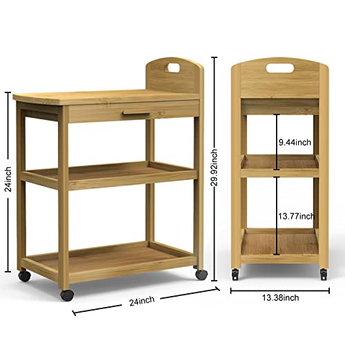 Purbambo Bamboo Kitchen Storage Cart, 3 Tier Rolling Cart, Mobile Utility Cart Trolley with Drawer and Lockable Casters for Home Kitchen