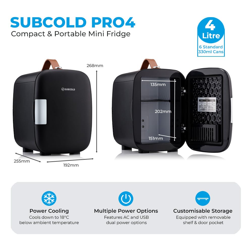 Subcold Pro4 Luxury Mini Fridge Cooler 4 Litre / 6 Cans AC & Exclusive USB ECO Power Option | Portable Small Refrigerator For The Office, Bedroom, Car, Travel, Skincare & Cosmetic (Black)