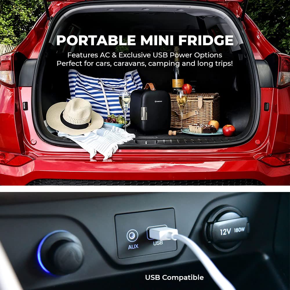 Subcold Pro4 Luxury Mini Fridge Cooler 4 Litre / 6 Cans AC & Exclusive USB ECO Power Option | Portable Small Refrigerator For The Office, Bedroom, Car, Travel, Skincare & Cosmetic (Black)