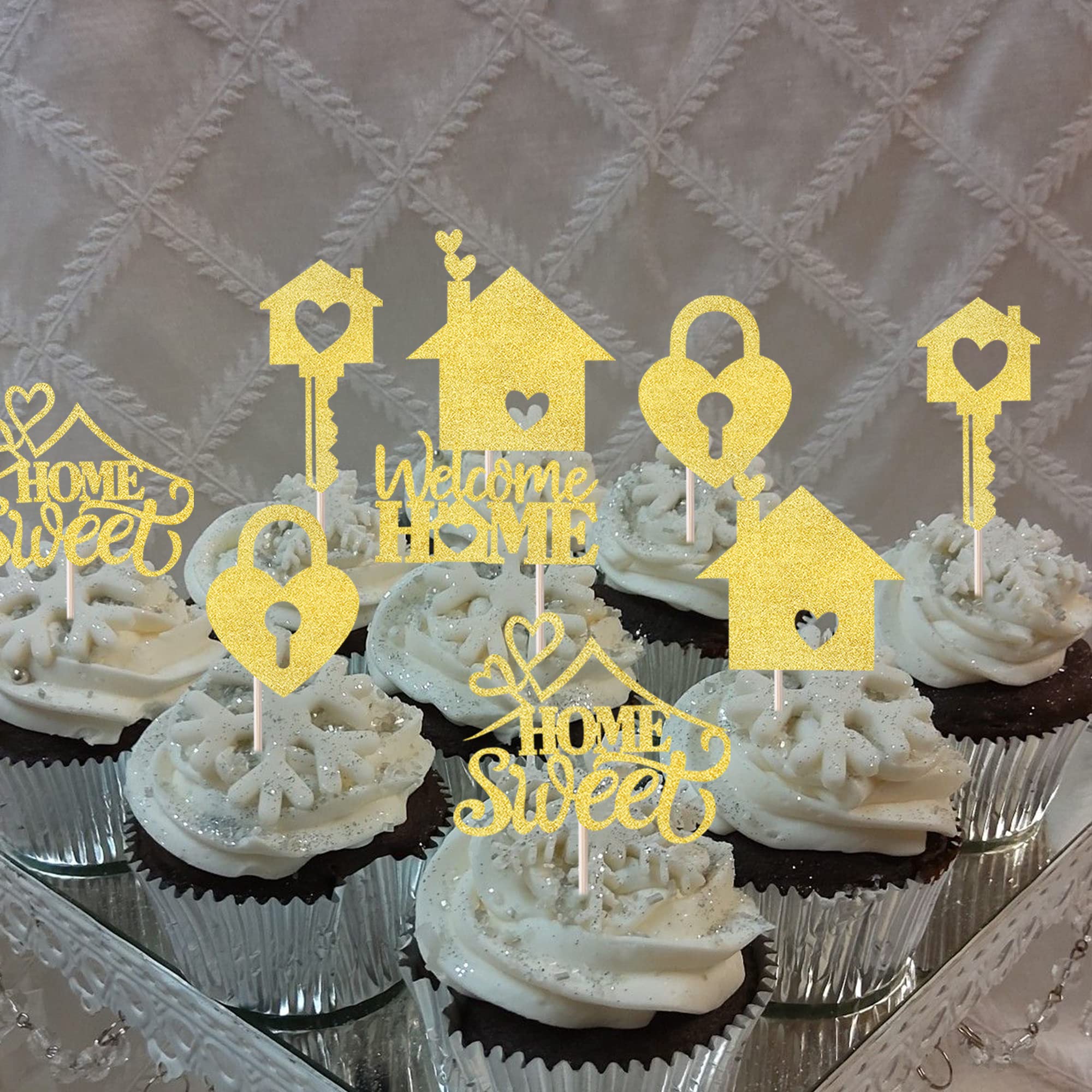 24 Pack Sweet Home Cupcake Toppers Glitter Key Lock Housewarming Cupcake Picks New Home Theme Party Welcome New House Party Cake Decorations Supplies Gold