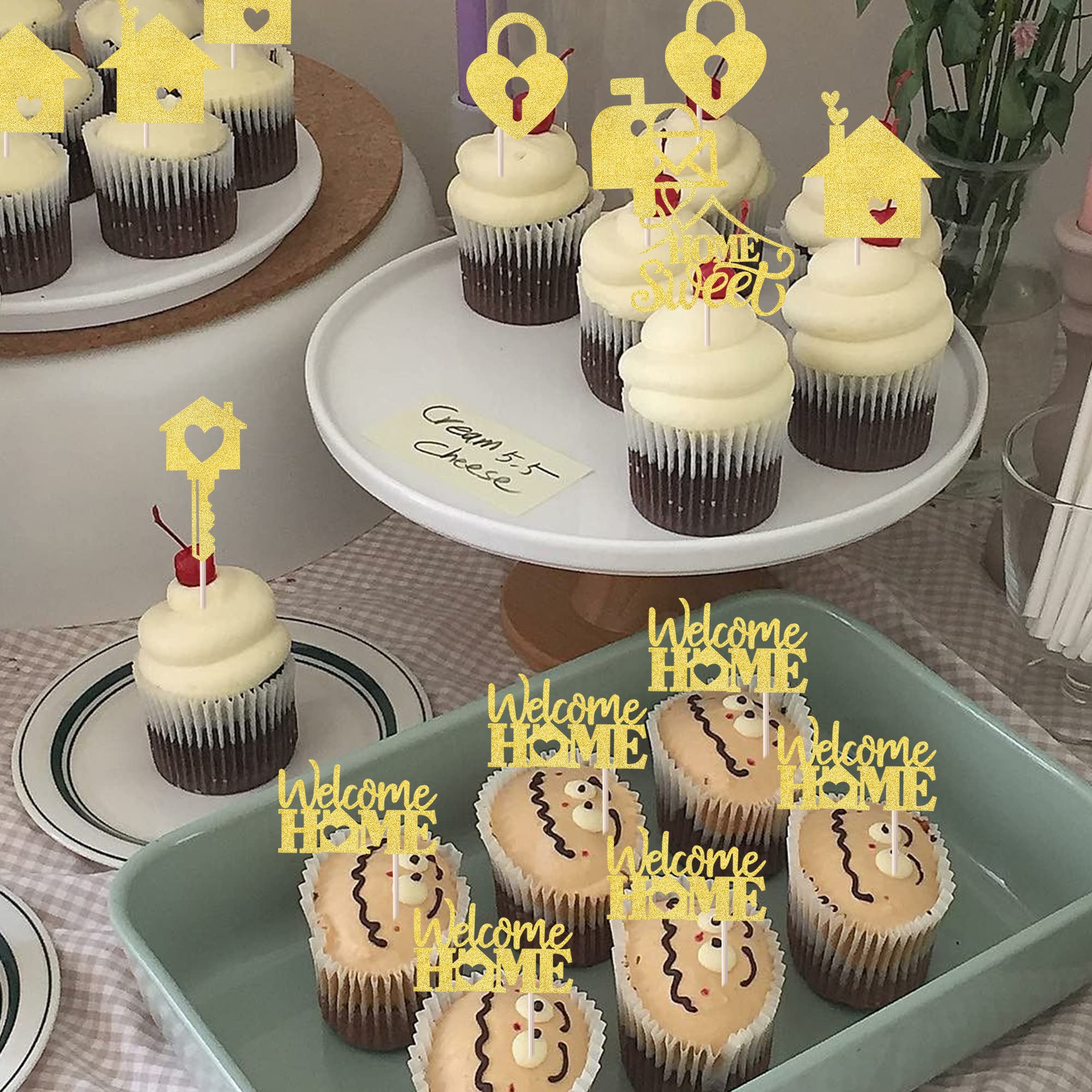 24 Pack Sweet Home Cupcake Toppers Glitter Key Lock Housewarming Cupcake Picks New Home Theme Party Welcome New House Party Cake Decorations Supplies Gold