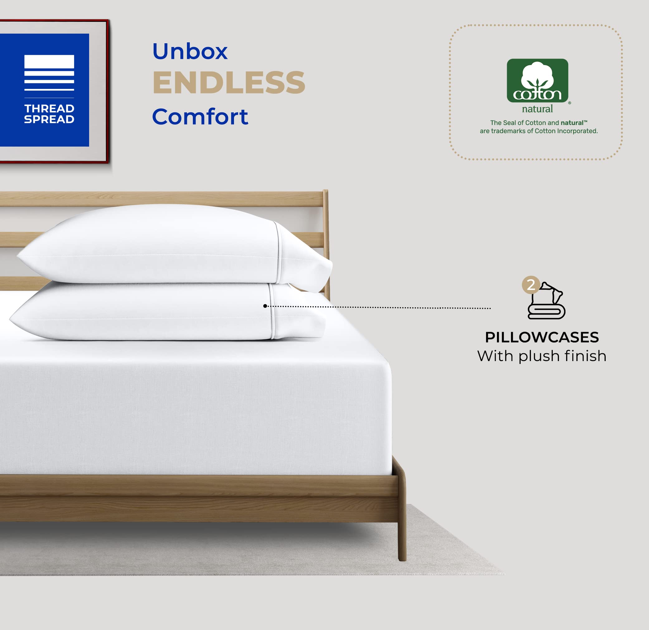 THREAD SPREAD 100% Cotton Pillowcases Standard/Queen Size Sets of 2-400 Thread Count White Cotton Pillowcases, Ultra Soft Cooling Sateen Weave Pillow Cases for Sleeping, Sets of 2 Pillow Covers