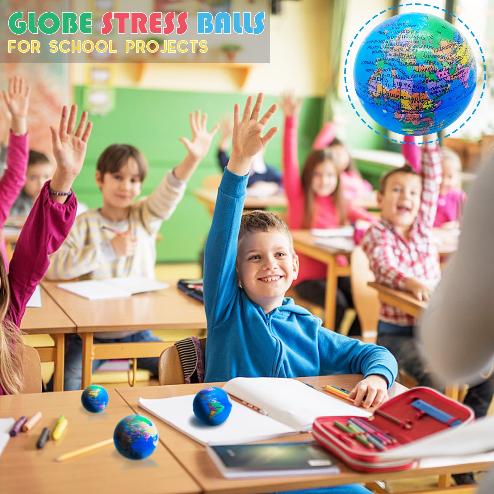 24 PCS Globe Squeeze Balls,2.5 Inch Stress Ball,Pressure Relieving Health Balls,Foam Squeeze Balls for Kids,School,Classroom,Party Favors
