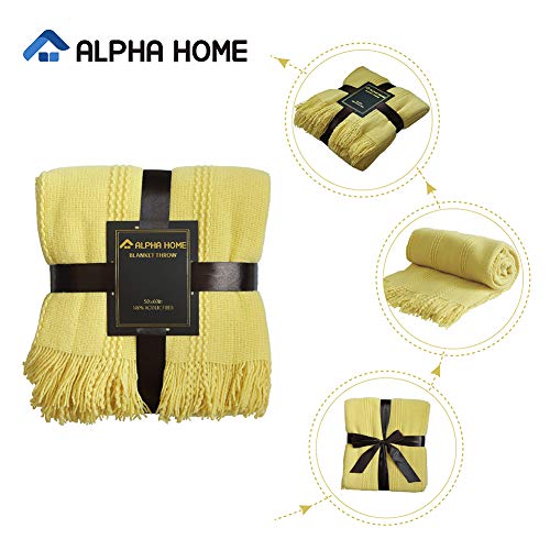 ALPHA HOME Cable Knit Throw Blanket Acrylic Cozy Snuggle TV Bed Sofa Throw for Adults and Kids,50''×60",Gold