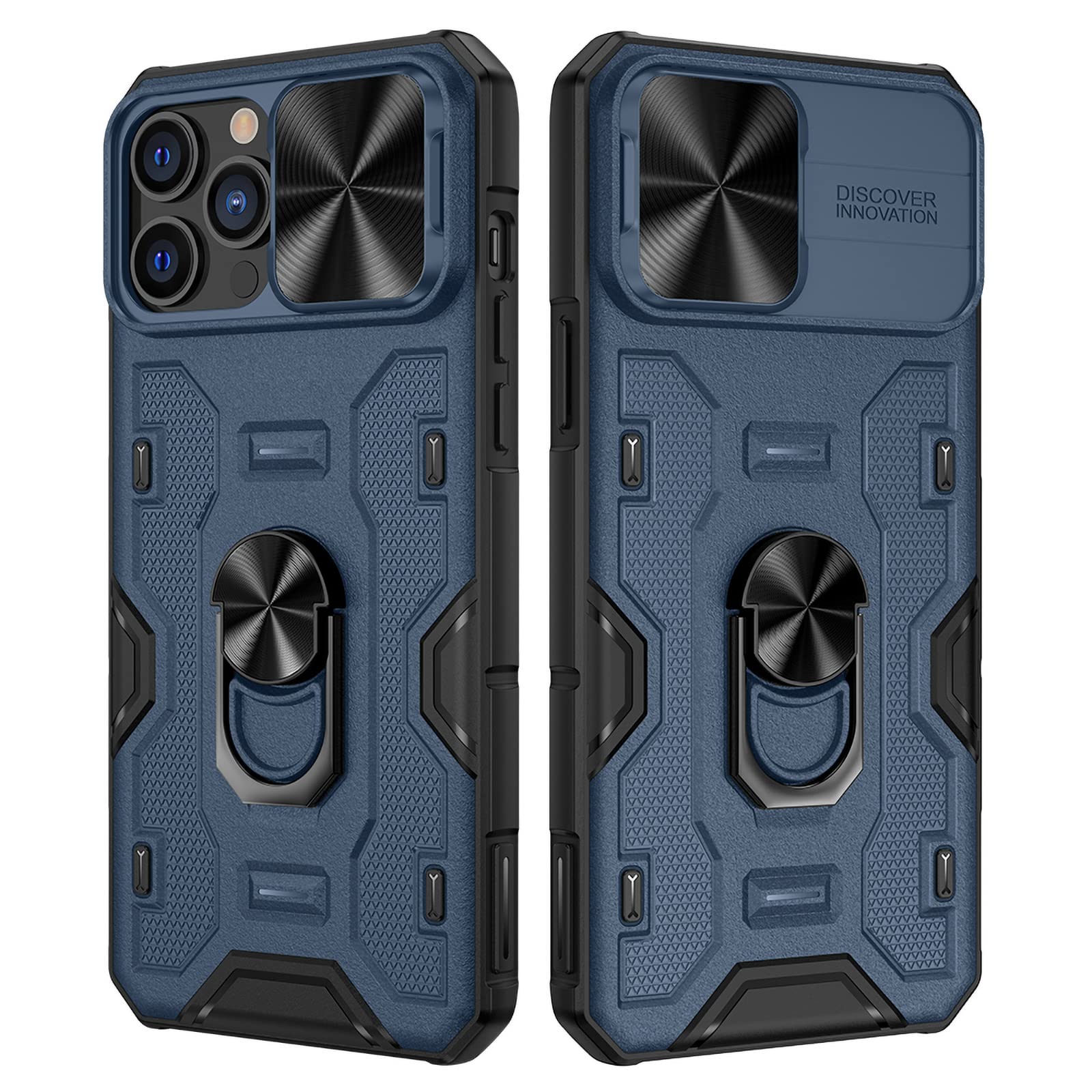 VEGO Compatible for iPhone 13 Pro Max Case & iPhone 12 Pro Max Stand Case with Slide Camera Cover, Built-in 360° Rotate Magnetic Ring Kickstand Heavy Duty Protective Cover Case - Blue