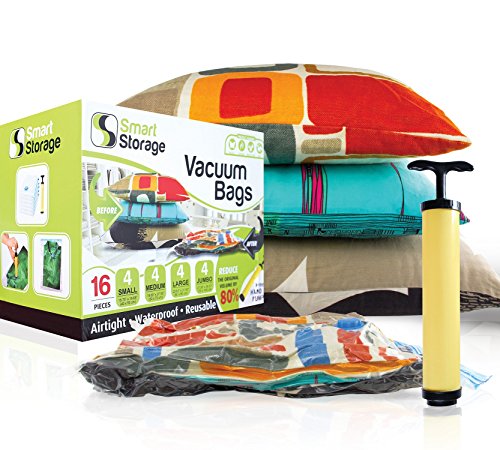 16 Pack Vacuum Storage Bags, Space Saver Bags (4 Jumbo/4 Large/4 Medium/4 Small) Vacuum Sealer Bags for Clothes Storage with Travel Hand Pump