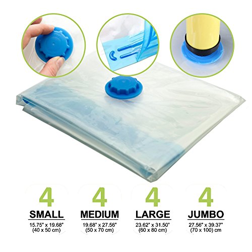 16 Pack Vacuum Storage Bags, Space Saver Bags (4 Jumbo/4 Large/4 Medium/4 Small) Vacuum Sealer Bags for Clothes Storage with Travel Hand Pump