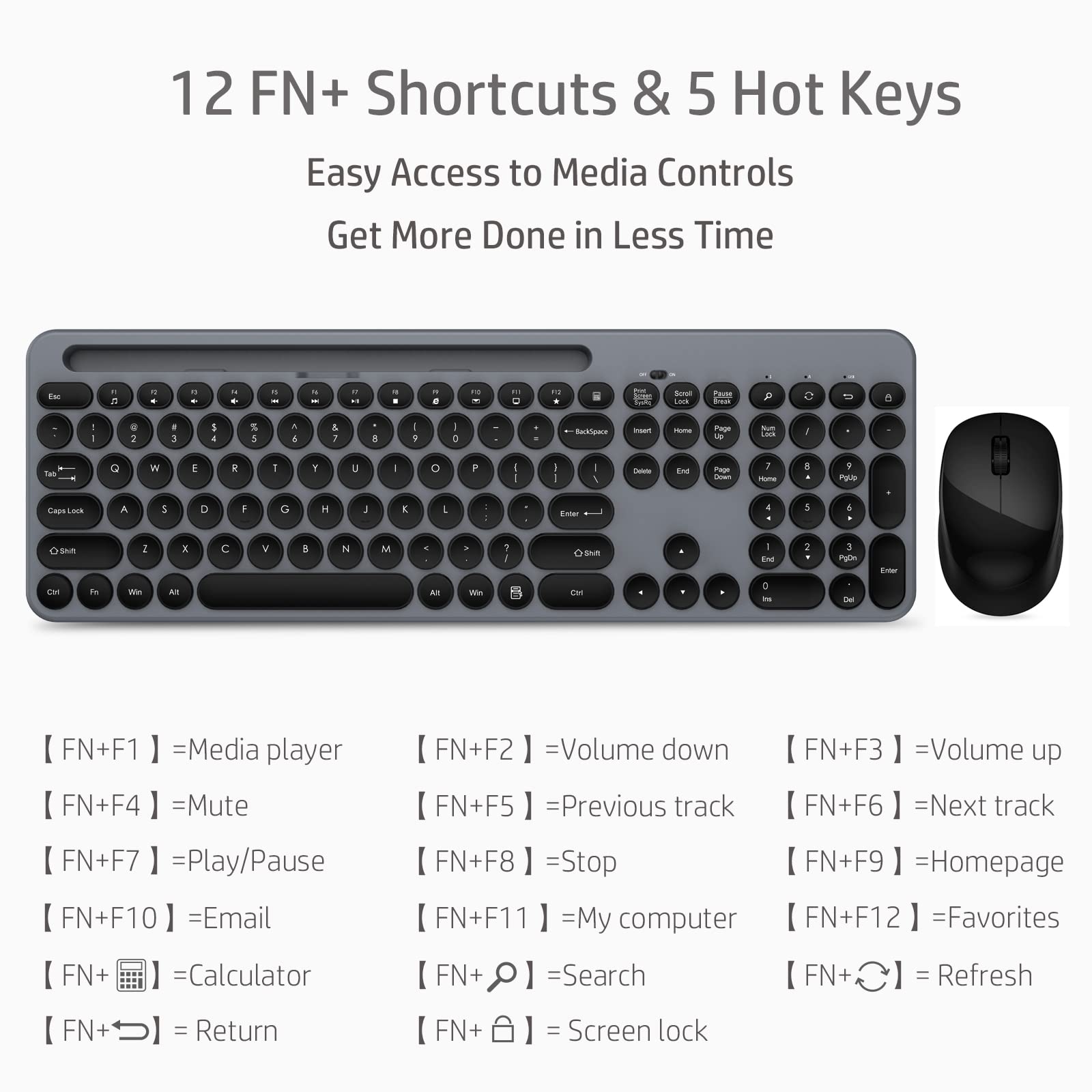 LeadsaiL Wireless Keyboard and Mouse Combo, Full-Sized Ergonomic Computer Keyboard with Phone Tablet Holder, 2.4GHz Silent Cordless Keyboard Mouse Set for Windows Laptop, PC, Desktop - Grey