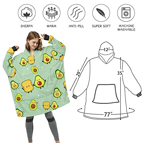 Oversized Wearable Blanket for Women Men, Soft Fleece Hooded Blanket Sweatshirt with Pockets, Avocado Breakfast Comfy Warm Hooded Blanket